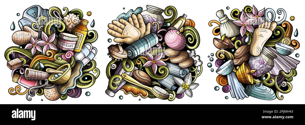 Massage cartoon vector doodle designs set. Colorful detailed ...