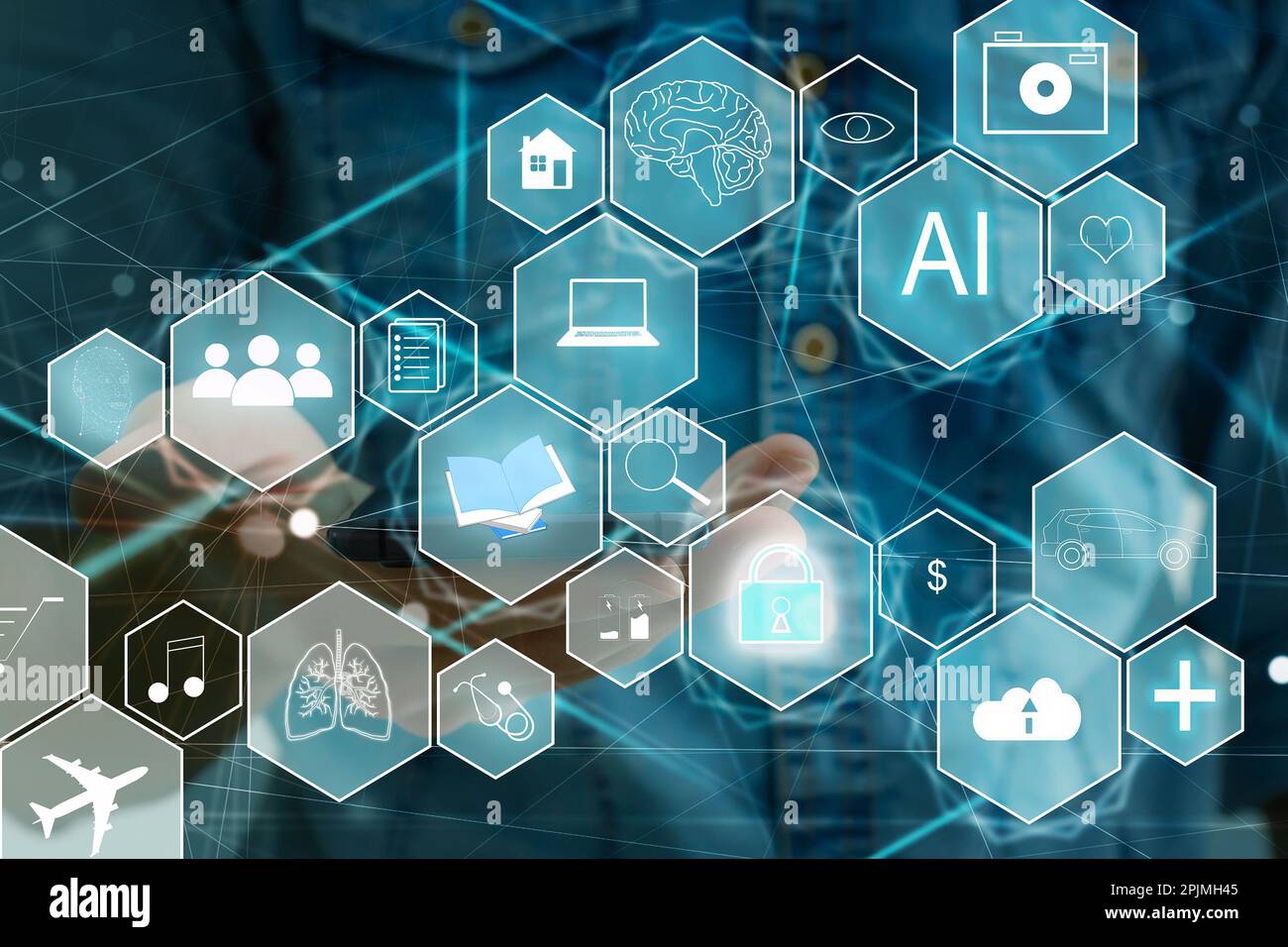 Ai tech, businessman show virtual graphic Global Internet connect Chatgpt Chat with AI ...