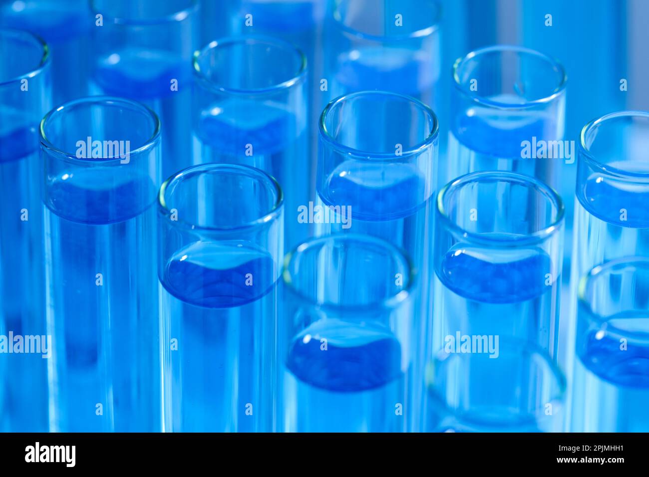 Test tubes with light blue reagents, closeup. Laboratory analysis Stock ...