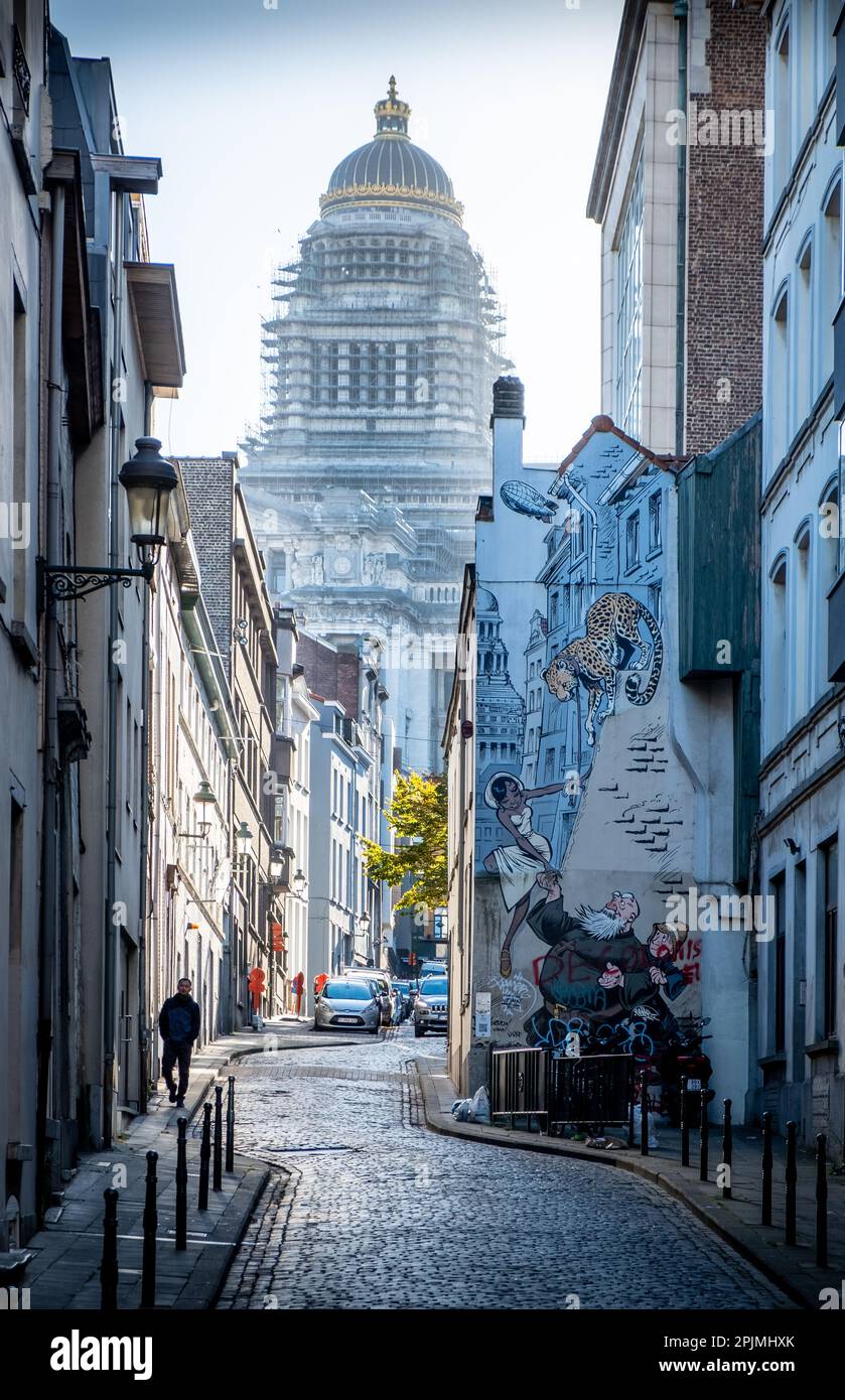 A man walks down a cobbled street in the Marollen neighbourhood of ...