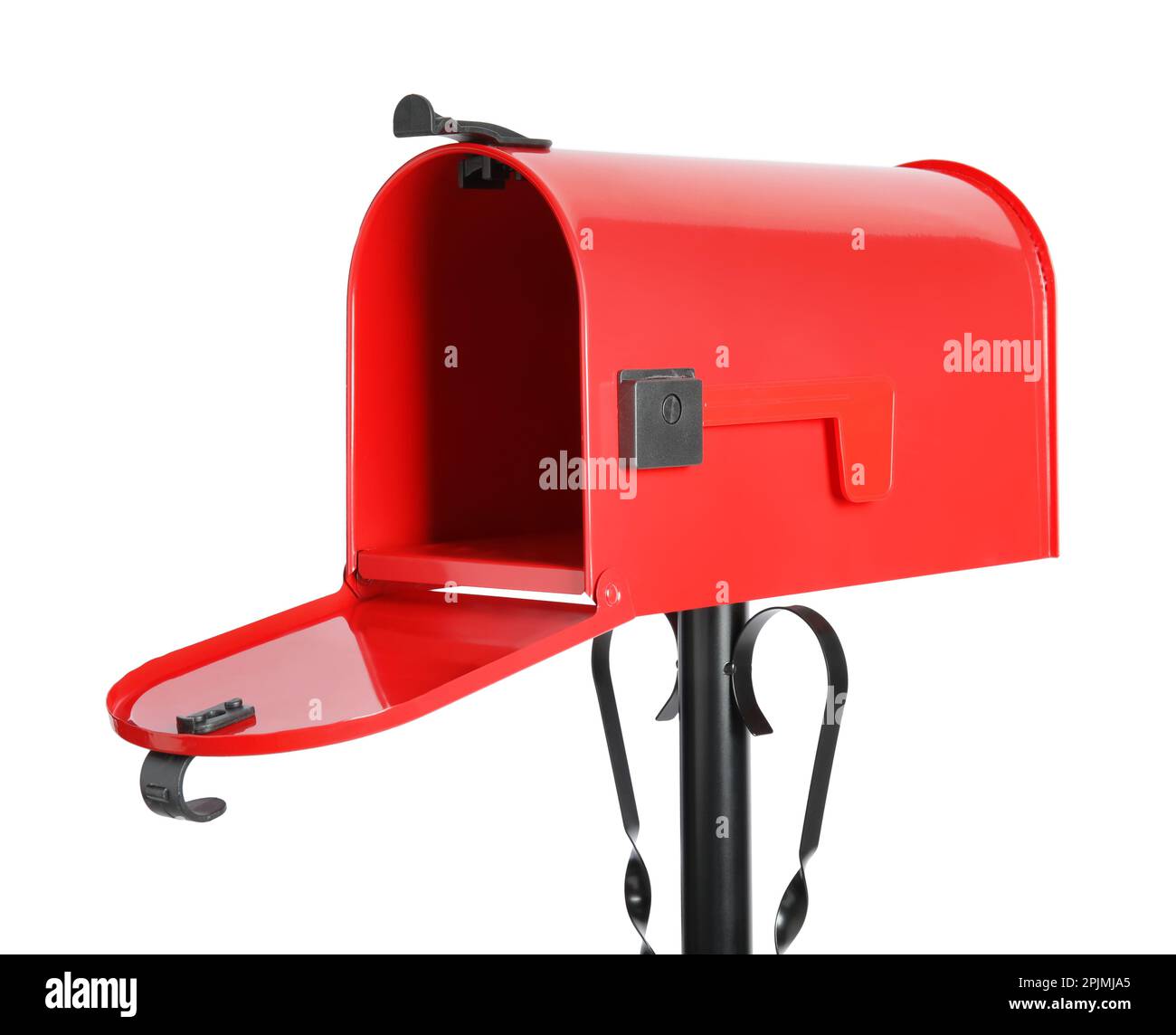 Open red letter box on white background Stock Photo - Alamy