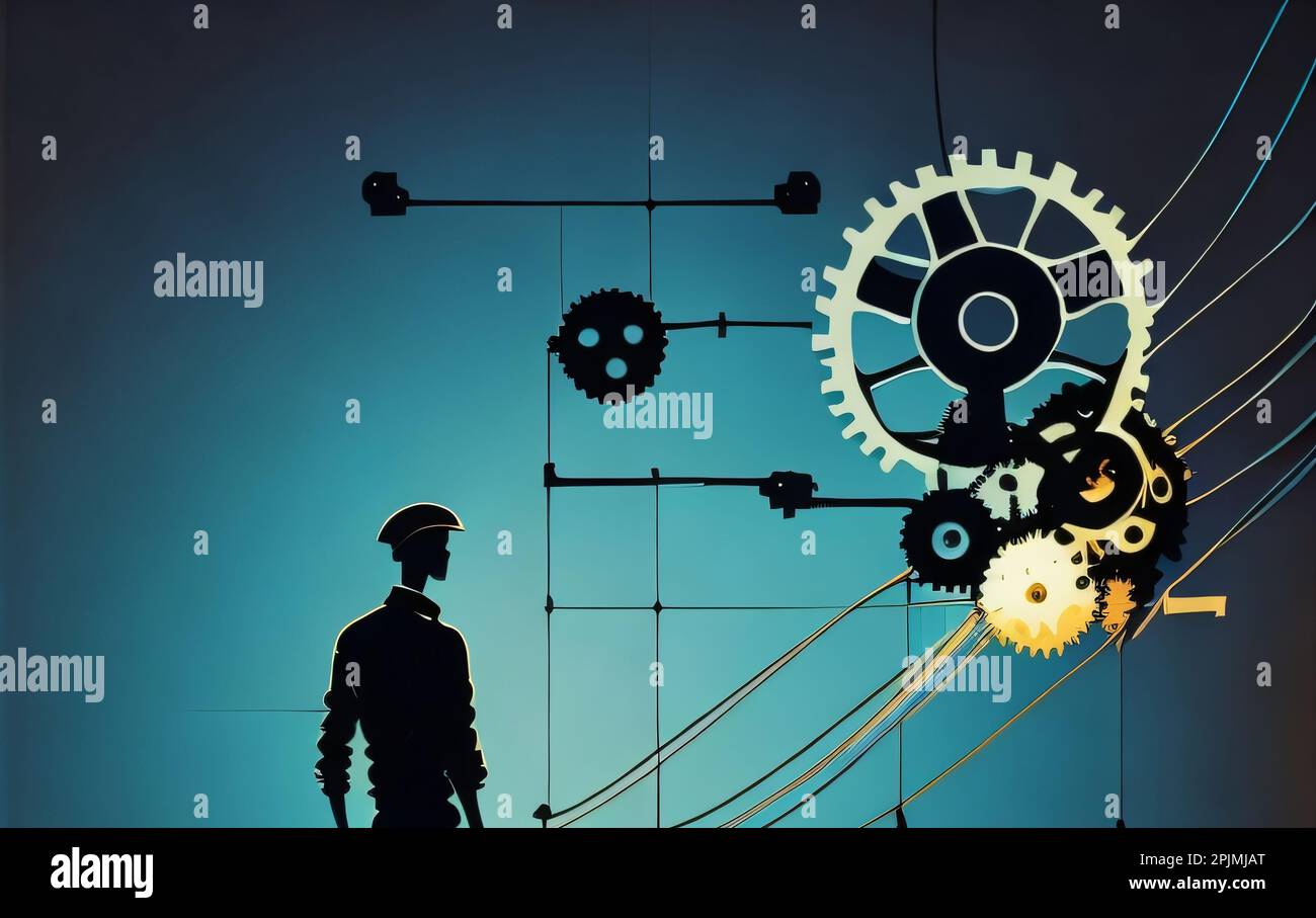 Silhouette of a man with gears and mechanic background Stock Photo - Alamy