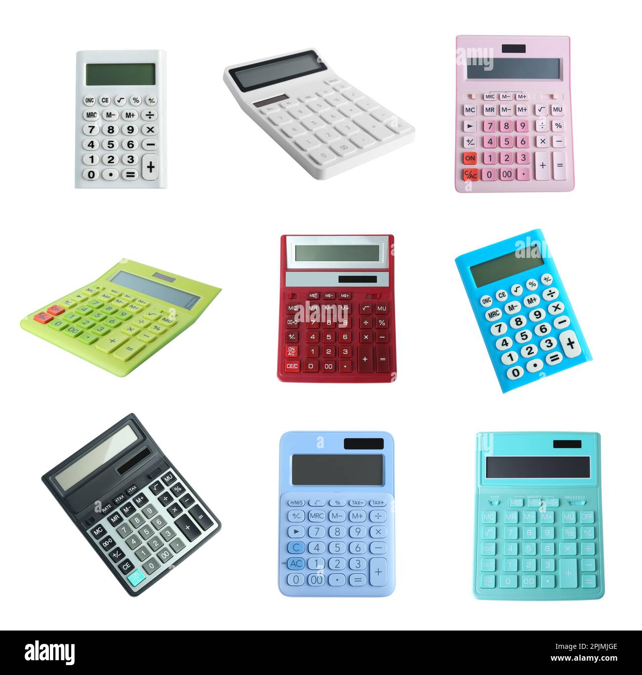 Set of different calculators on white background Stock Photo - Alamy