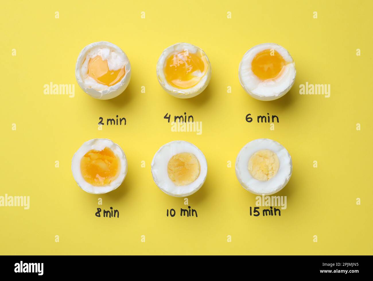 Different cooking time and readiness stages of boiled chicken eggs on ...