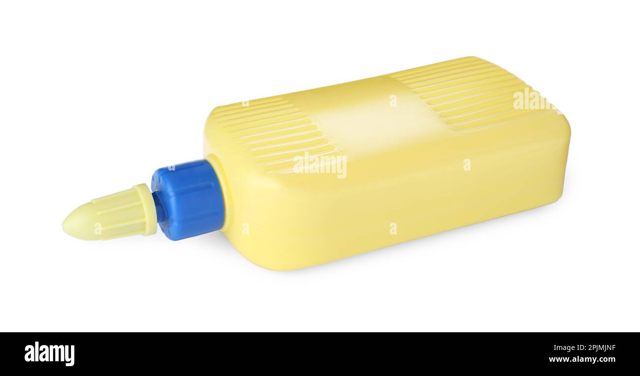 Blank yellow bottle and drop of glue on white background Stock Photo ...