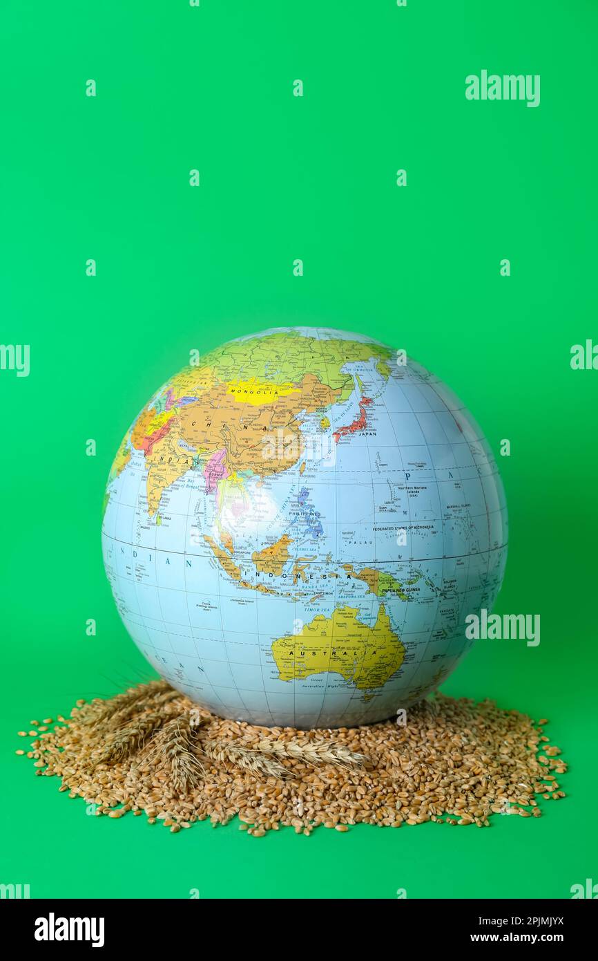 Globe with wheat grains on green background. Hunger crisis concept ...