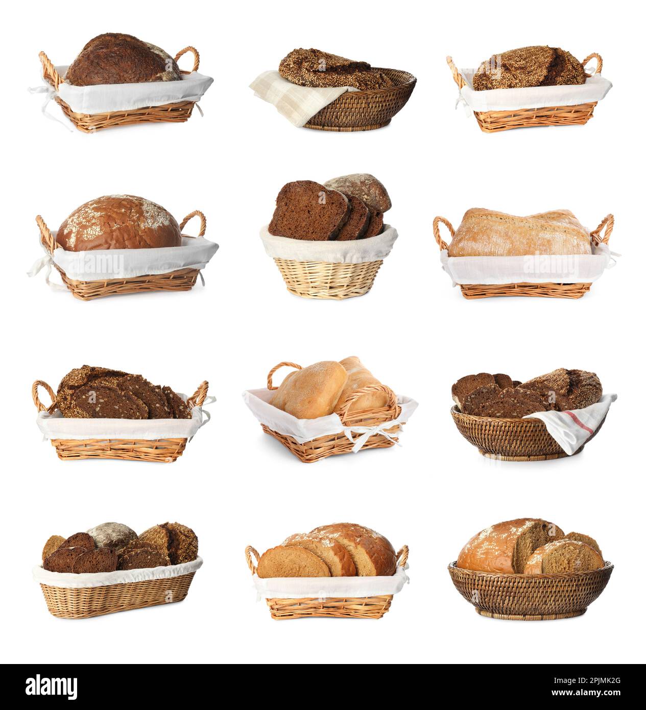 Collage with different bread in baskets on white background Stock Photo ...