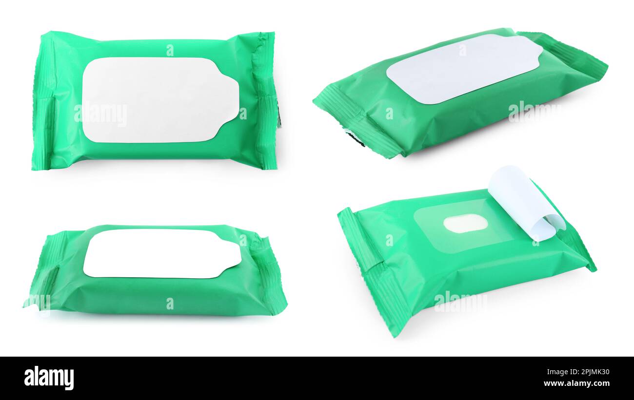 Set with packs of wet wipes on white background Stock Photo - Alamy