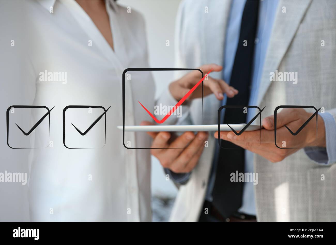 Illustration of check boxes with marks and people using tablet, closeup ...