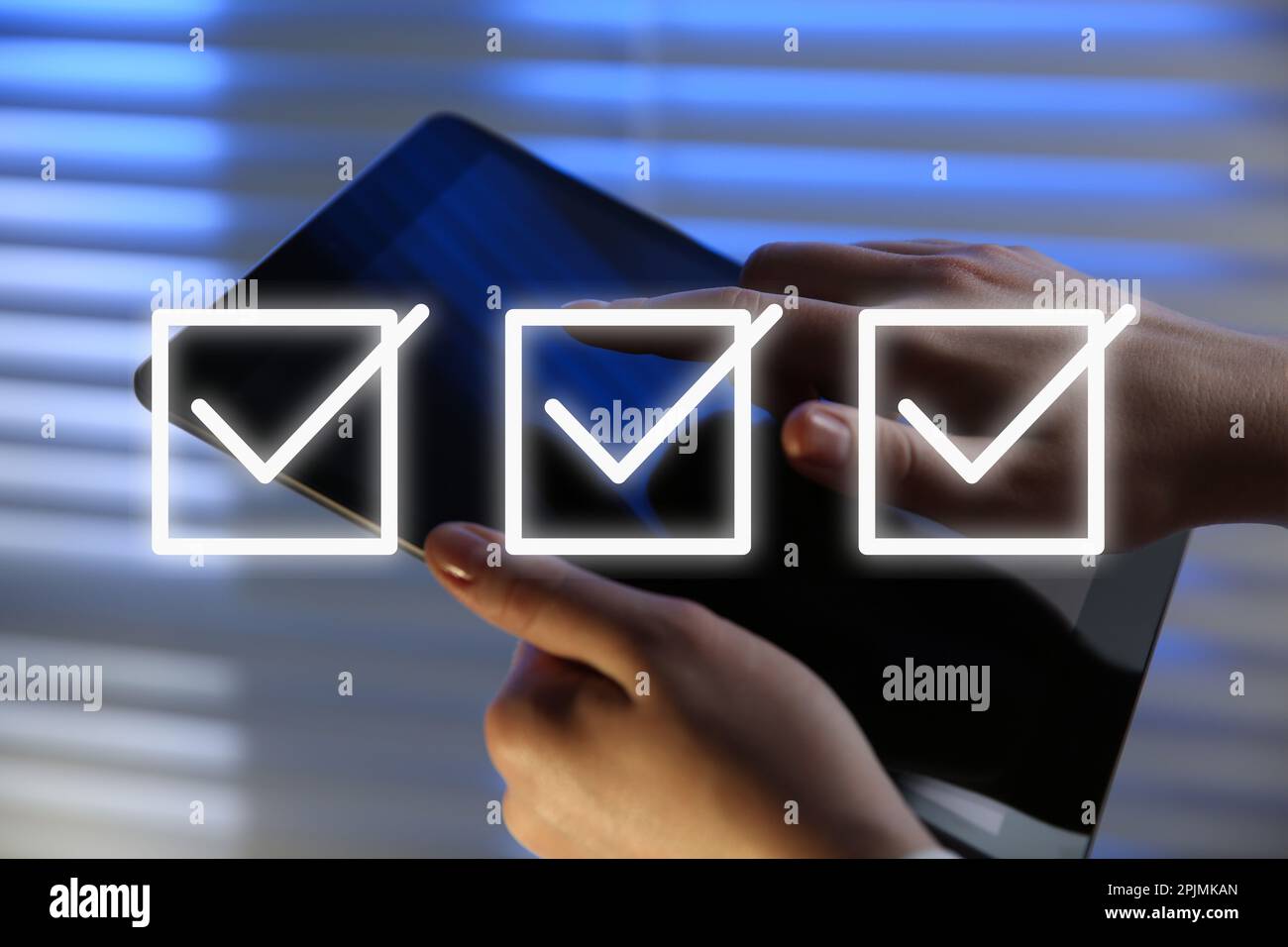 Illustration of check boxes with marks and woman using tablet indoors ...