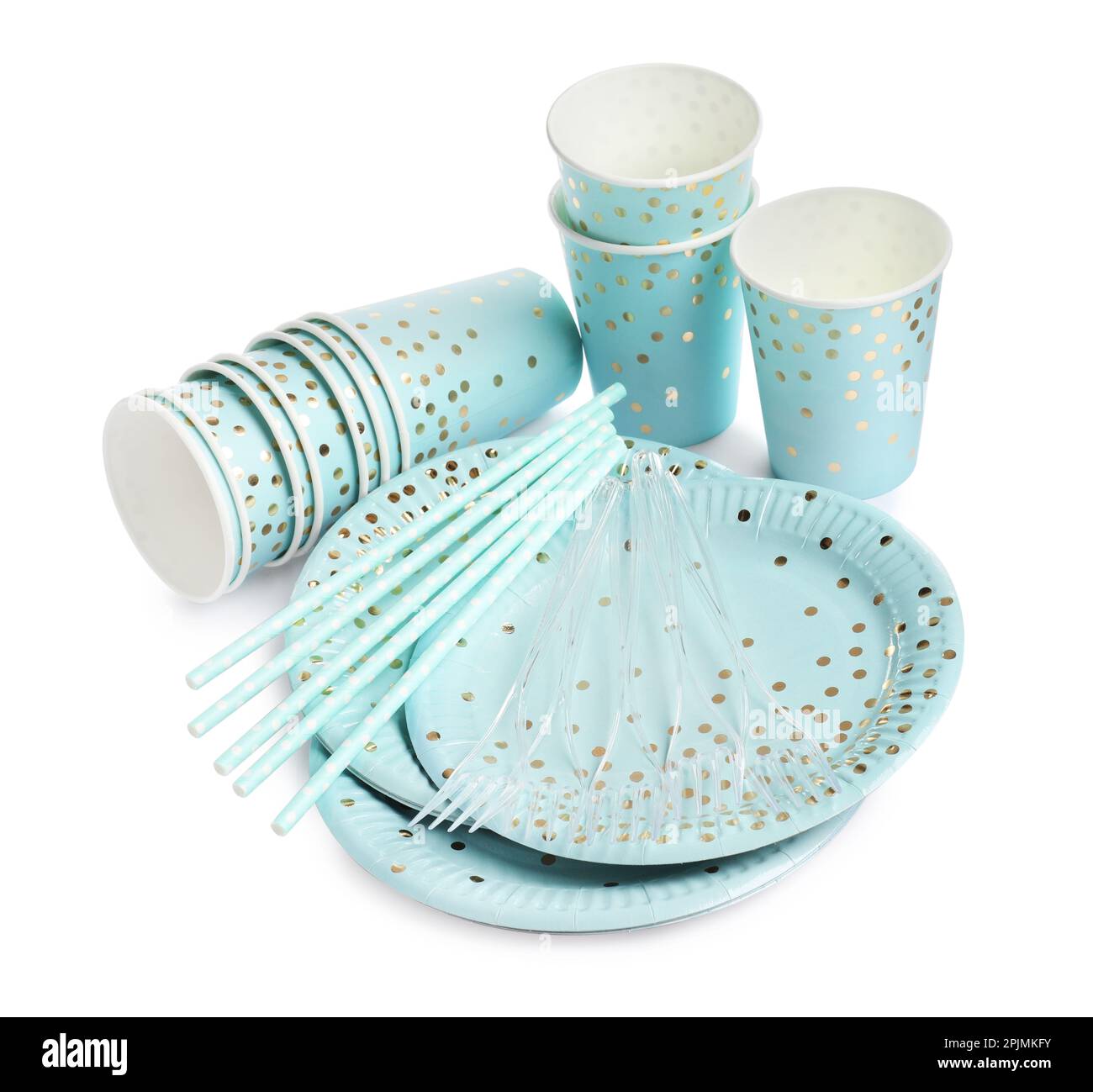 Set of disposable tableware on white background Stock Photo - Alamy