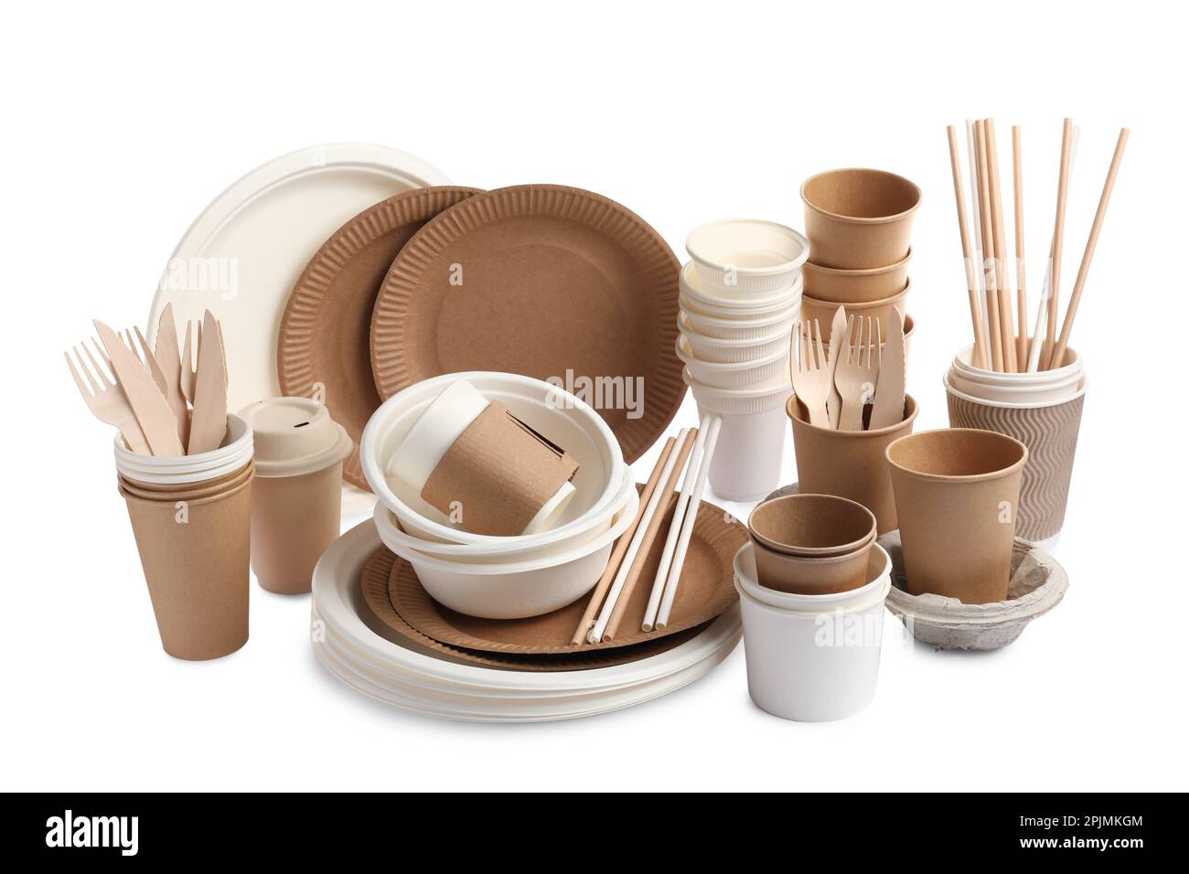 Set of disposable tableware on white background Stock Photo - Alamy