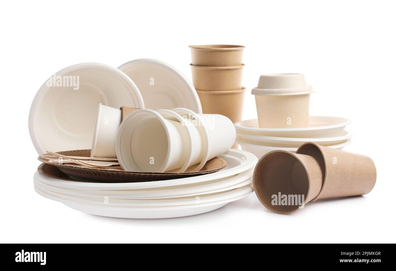 Set of disposable tableware on white background Stock Photo - Alamy