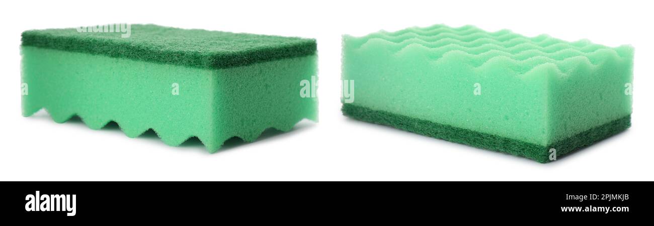 Two cleaning sponges on white background, collage. Banner design Stock ...