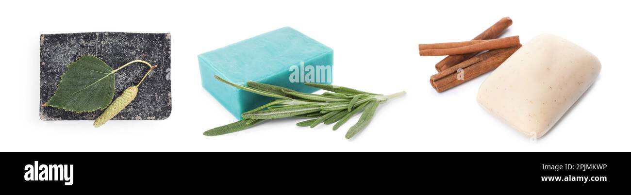 Set with handmade soap bars on white background. Banner design Stock ...