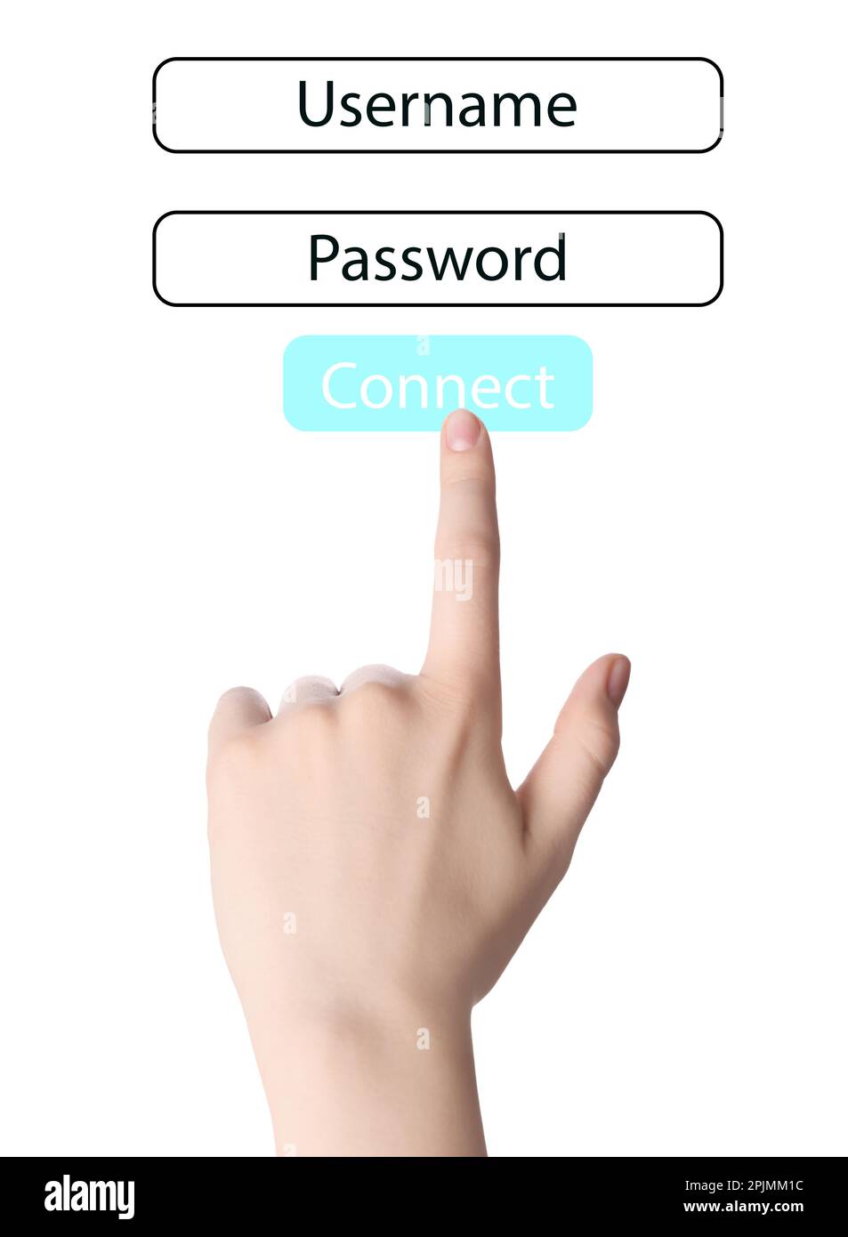 Illustration of authorization interface and woman pressing button ...