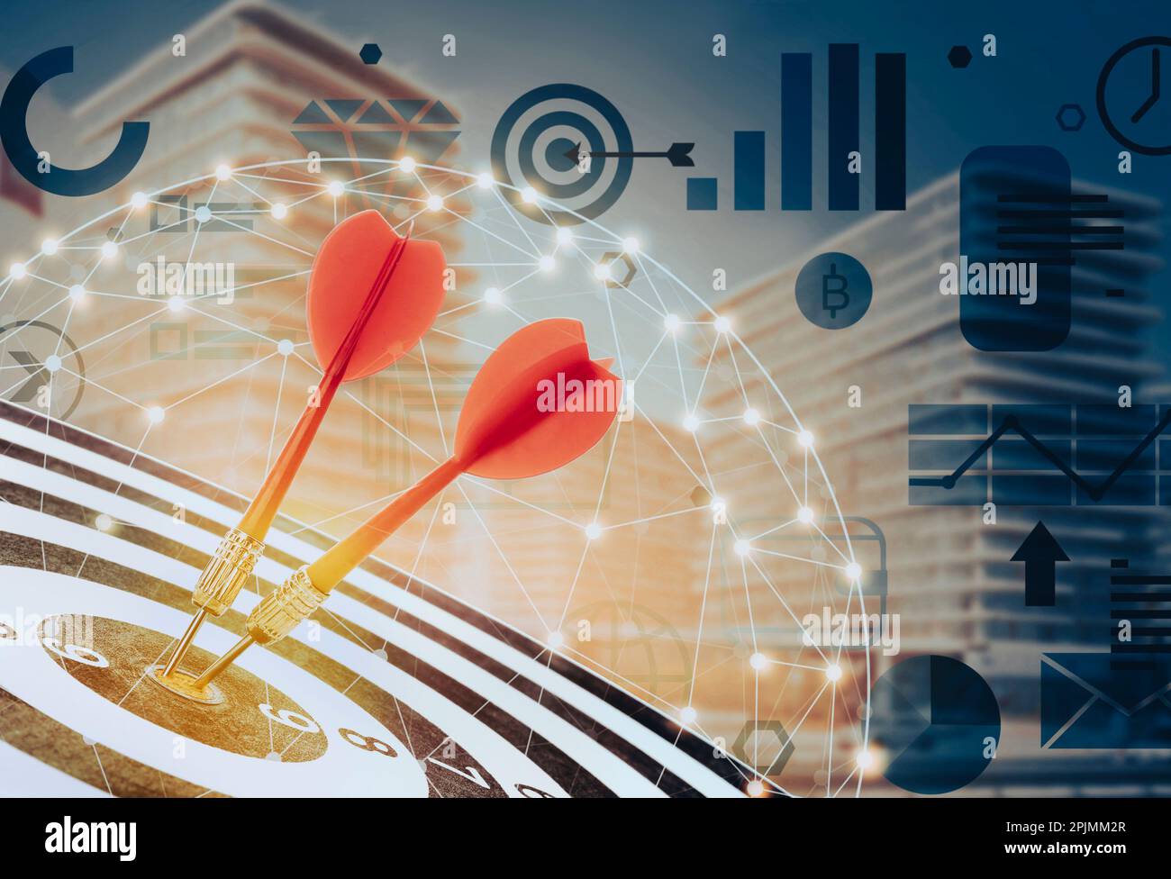 Darts hitting target on board, graph illustration and blurred of view ...