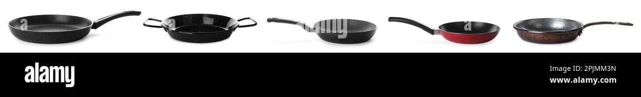Set with different frying pans on white background. Banner design Stock ...