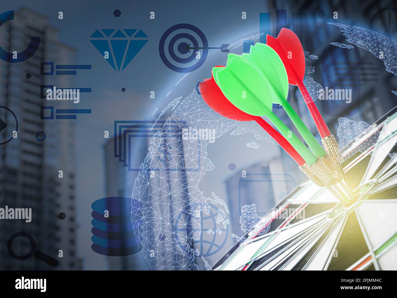 Darts hitting target on board, graph illustration, Earth and view of ...