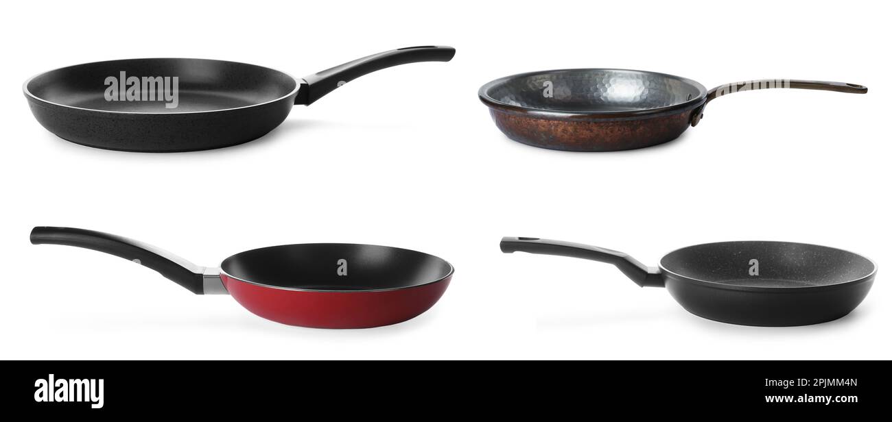 Set with different frying pans on white background. Banner design Stock ...