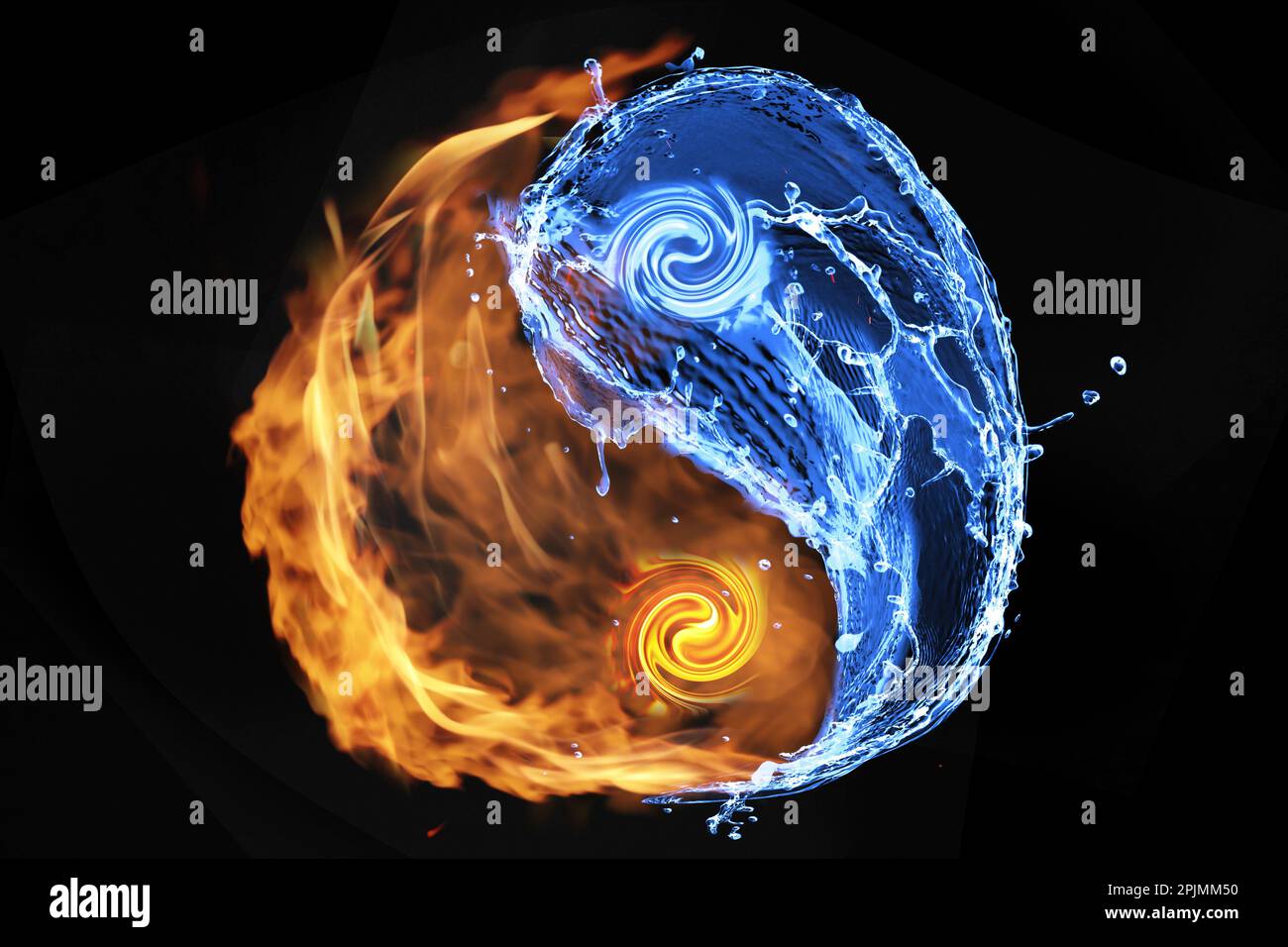 Fire flames and water resembling Yin Yang symbol on black background ...