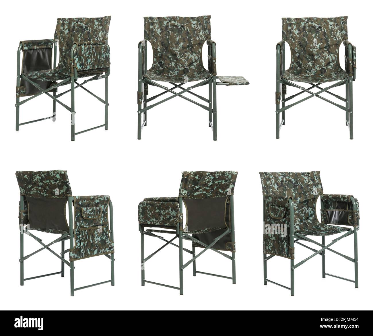 Set with comfortable camouflage fishing chairs on white background ...
