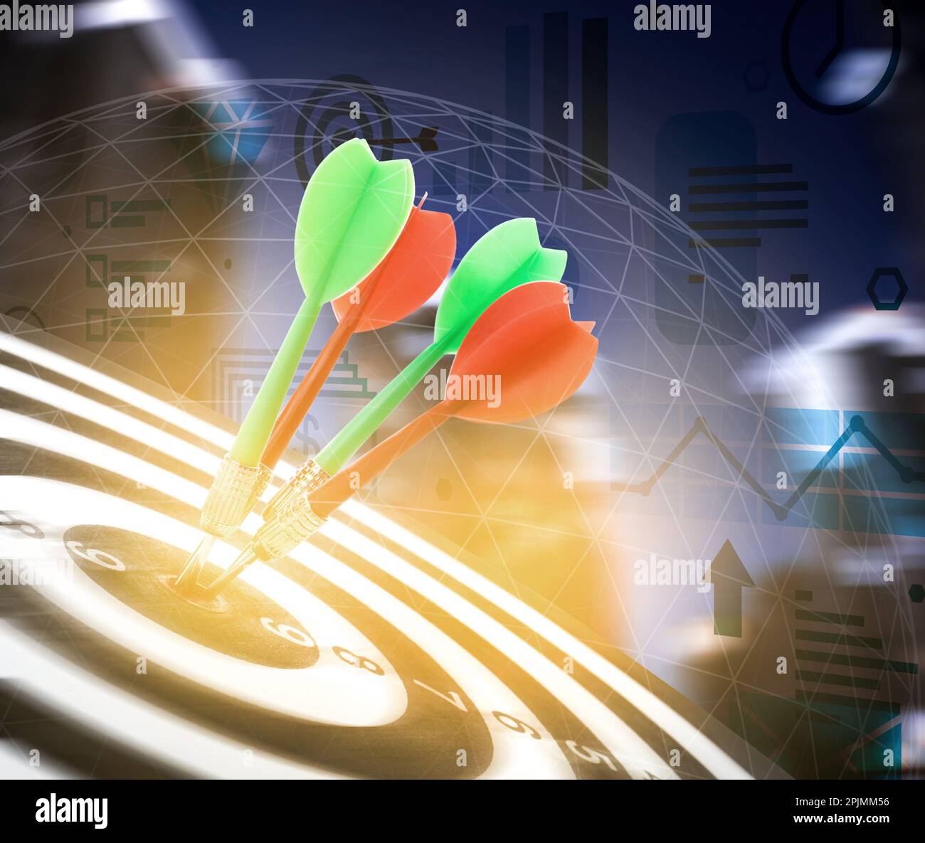 Darts hitting target on board, graph illustration and blurred of view ...