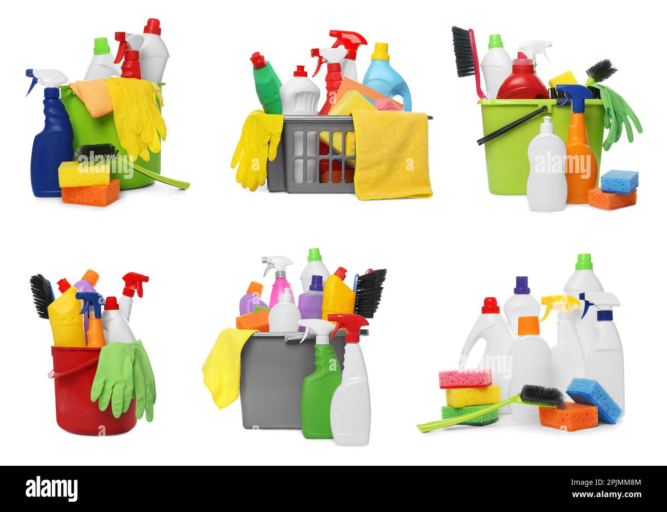 Set with different cleaning products and tools on white background ...