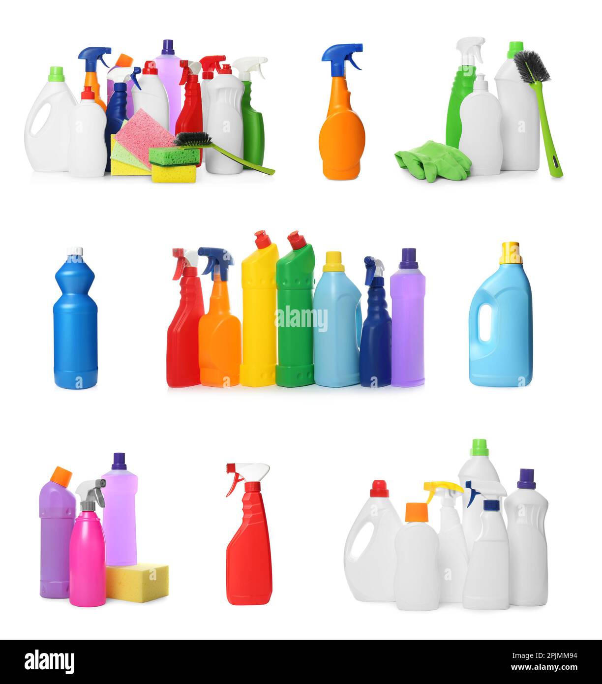 Set with different cleaning products and tools on white background ...