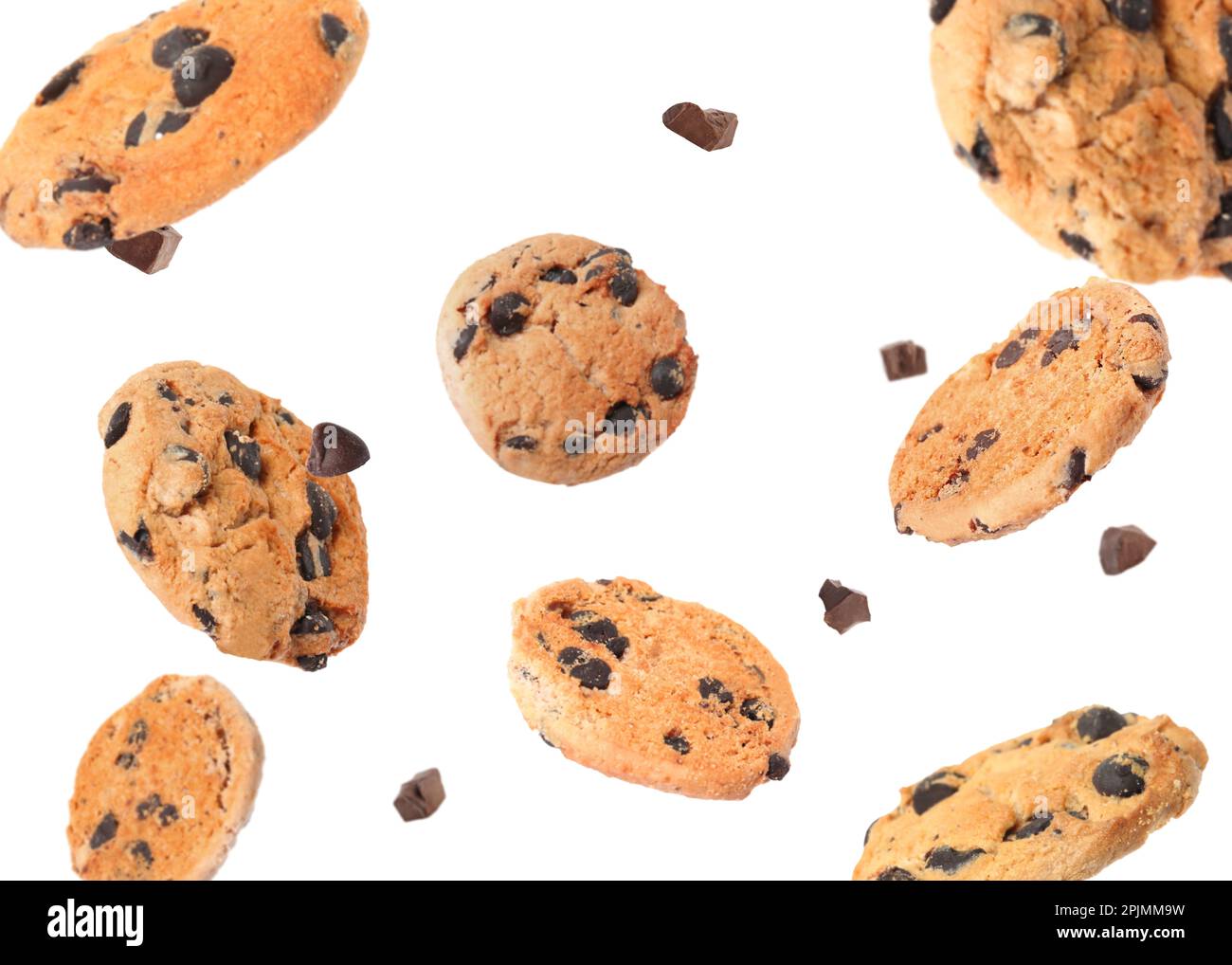 Delicious chocolate chip cookies falling on white background Stock ...
