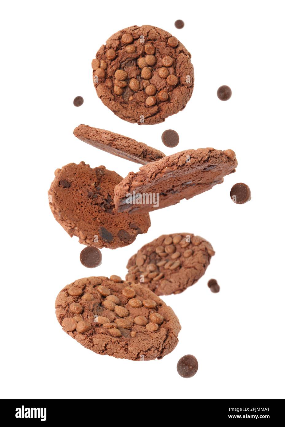 Delicious chocolate chip cookies falling on white background Stock ...