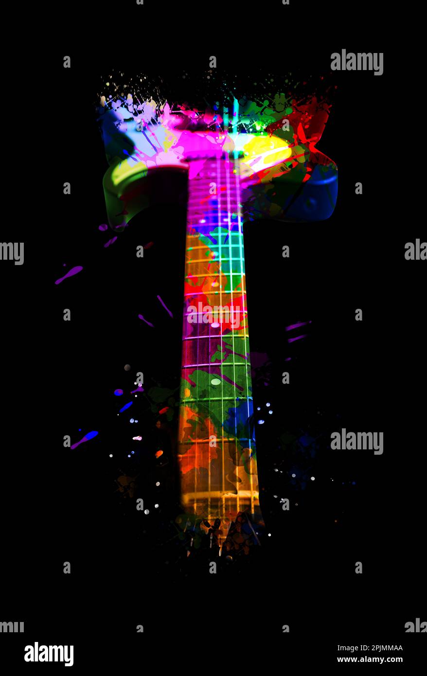 Bright colorful design with electric guitar on black background ...