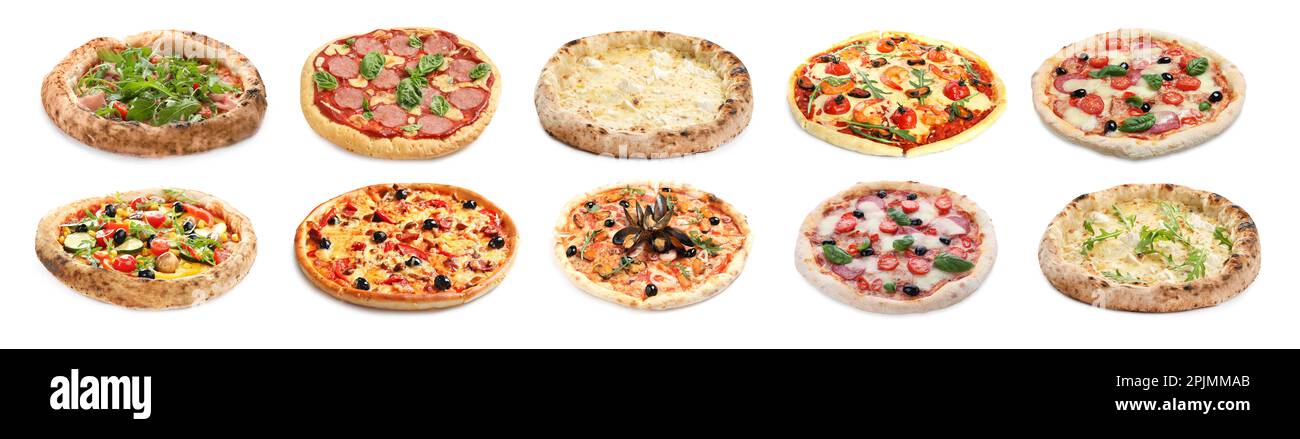 Set with different delicious pizzas on white background. Banner design ...