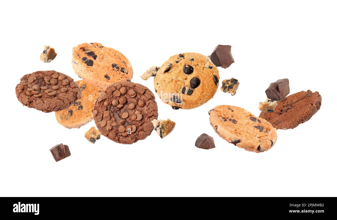 Delicious chocolate chip cookies falling on white background Stock ...