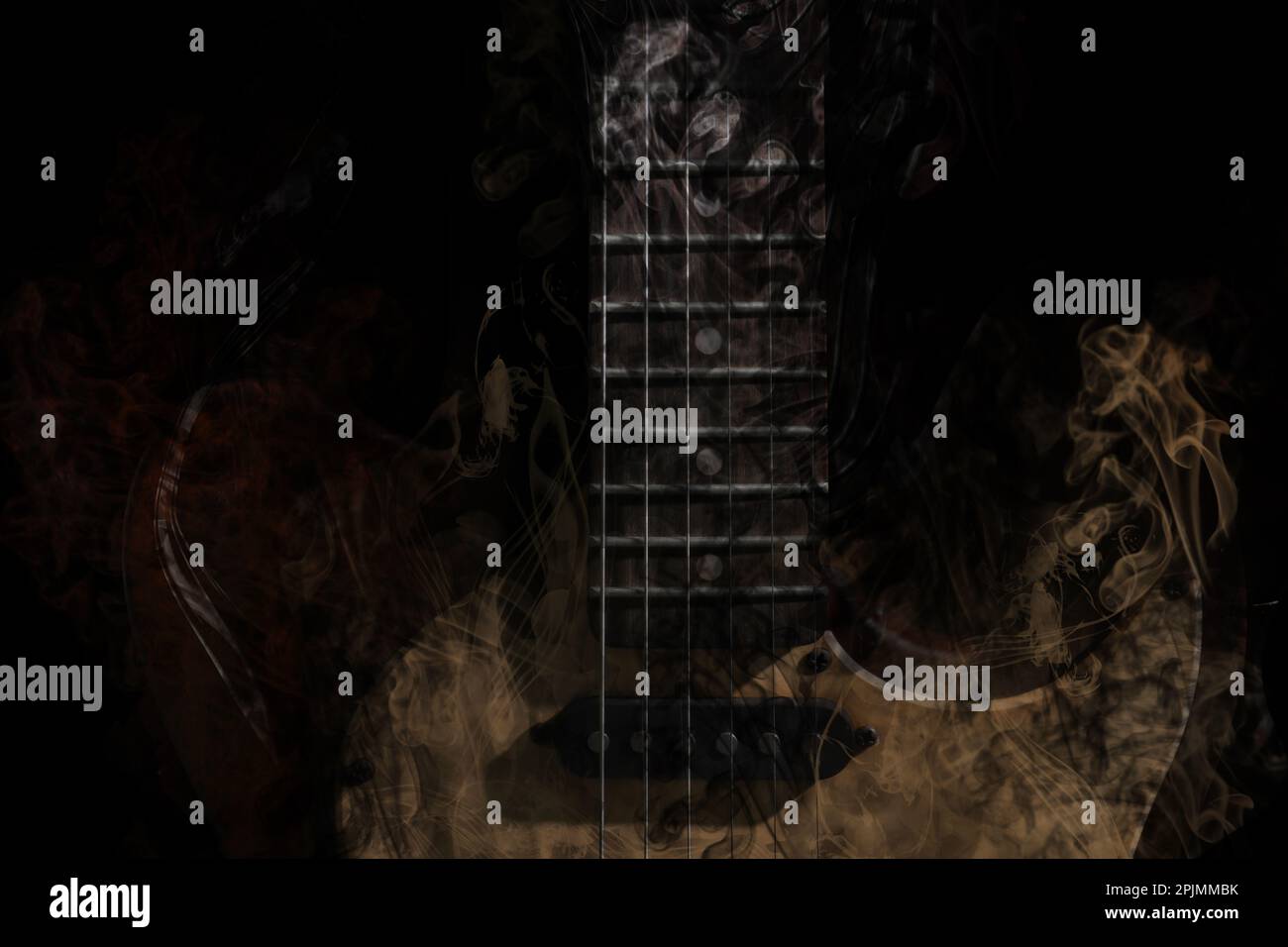 Electric guitar and smoke on black background, closeup. Stylish design ...