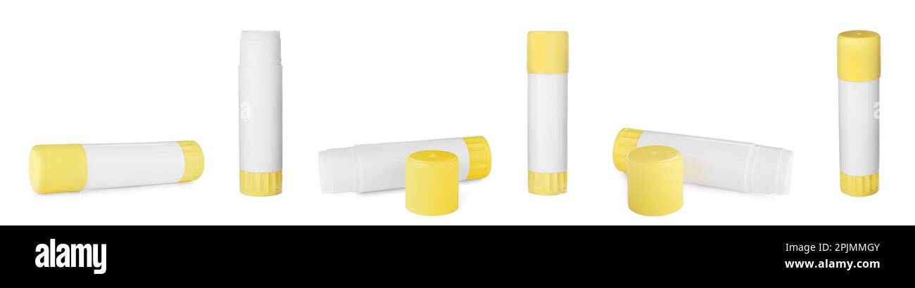 Set with glue sticks on white background. Banner design Stock Photo - Alamy