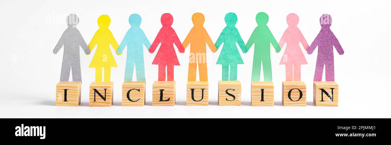 Paper people figures and wooden cubes with word Inclusion on white ...
