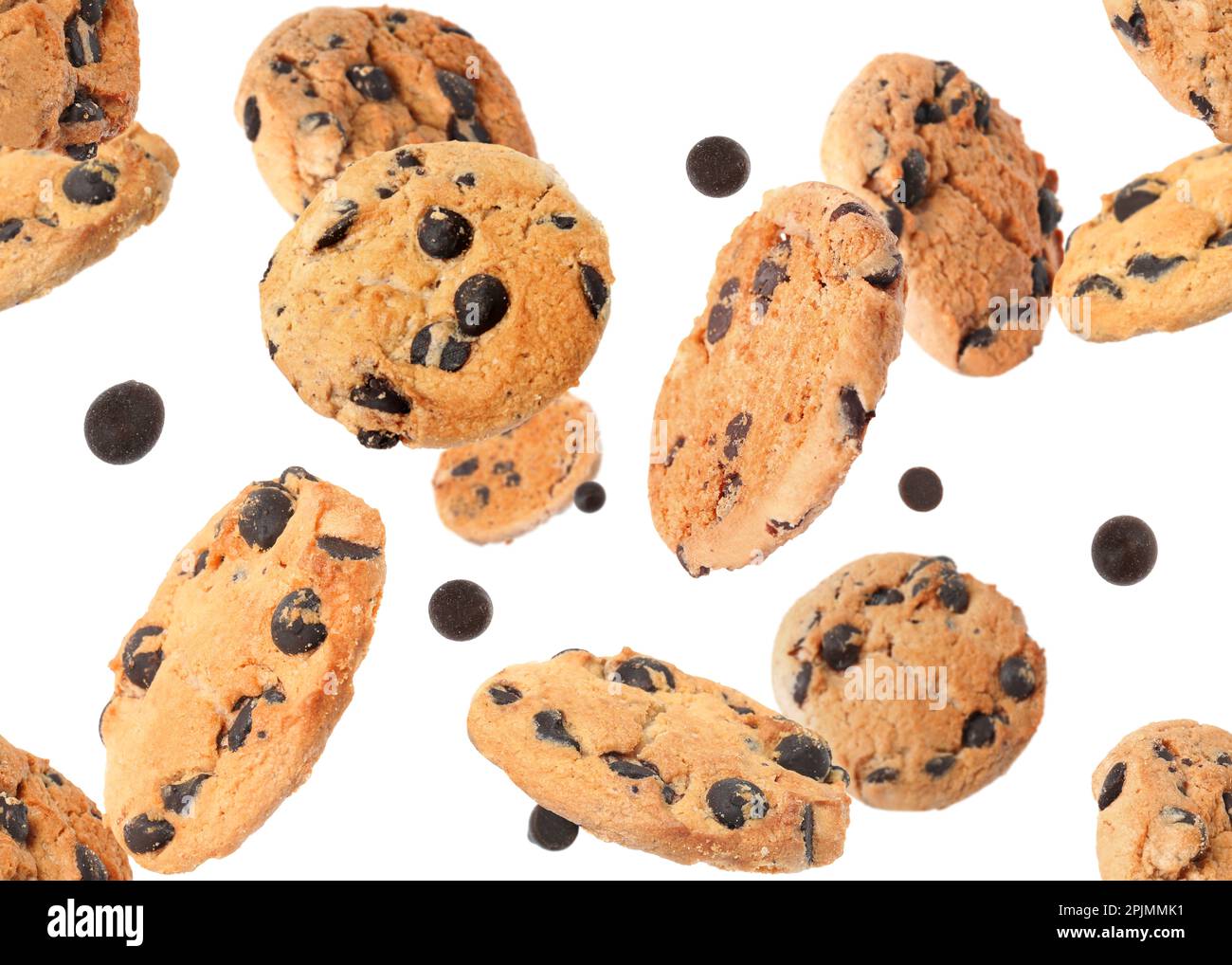Delicious chocolate chip cookies falling on white background Stock ...