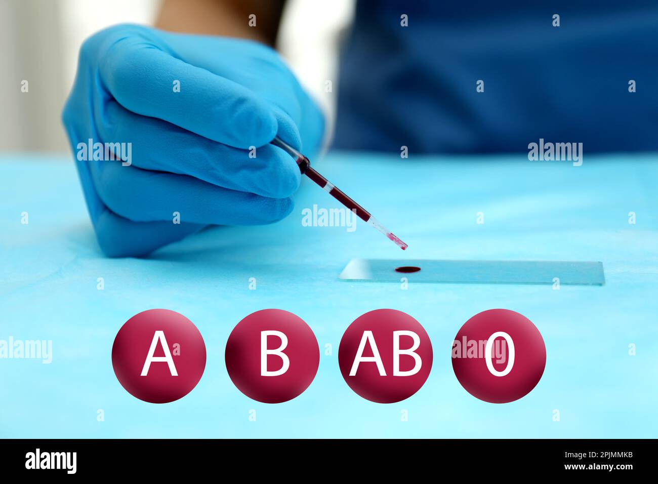 Icons representing different blood types and scientist working with ...