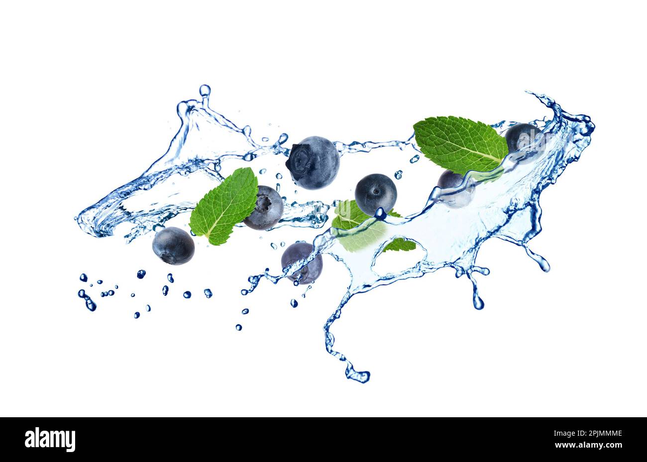 Fresh ripe blueberries, mint and splashing water on white background Stock Photo - Alamy