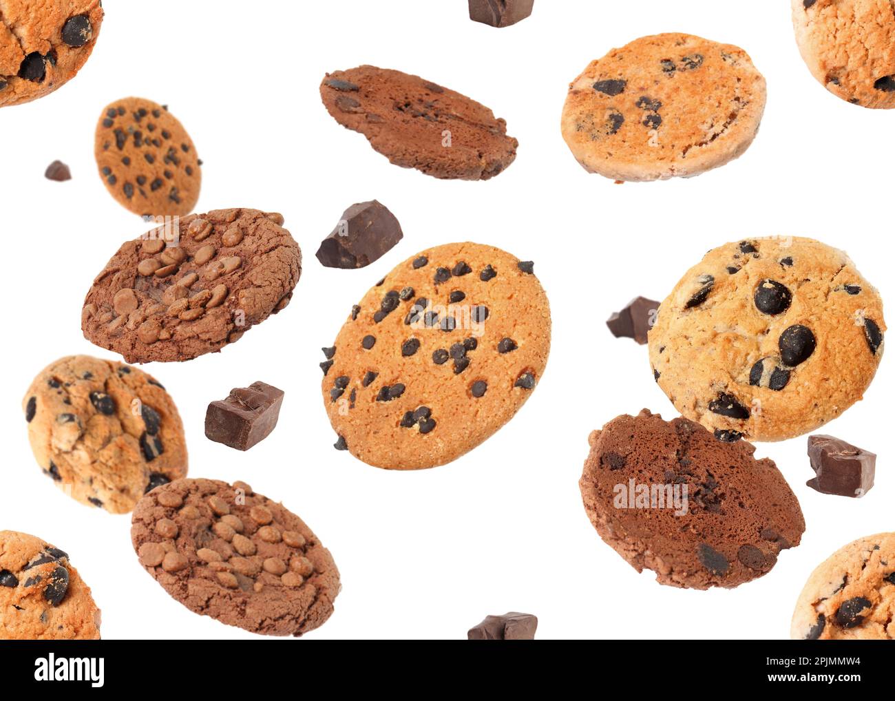Delicious chocolate chip cookies falling on white background Stock ...