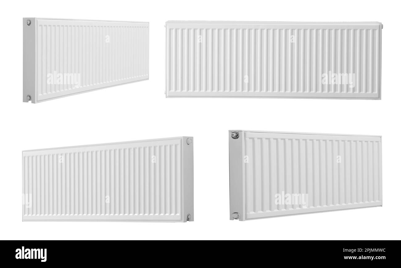 Set with modern panel radiators on white background. Heating system ...