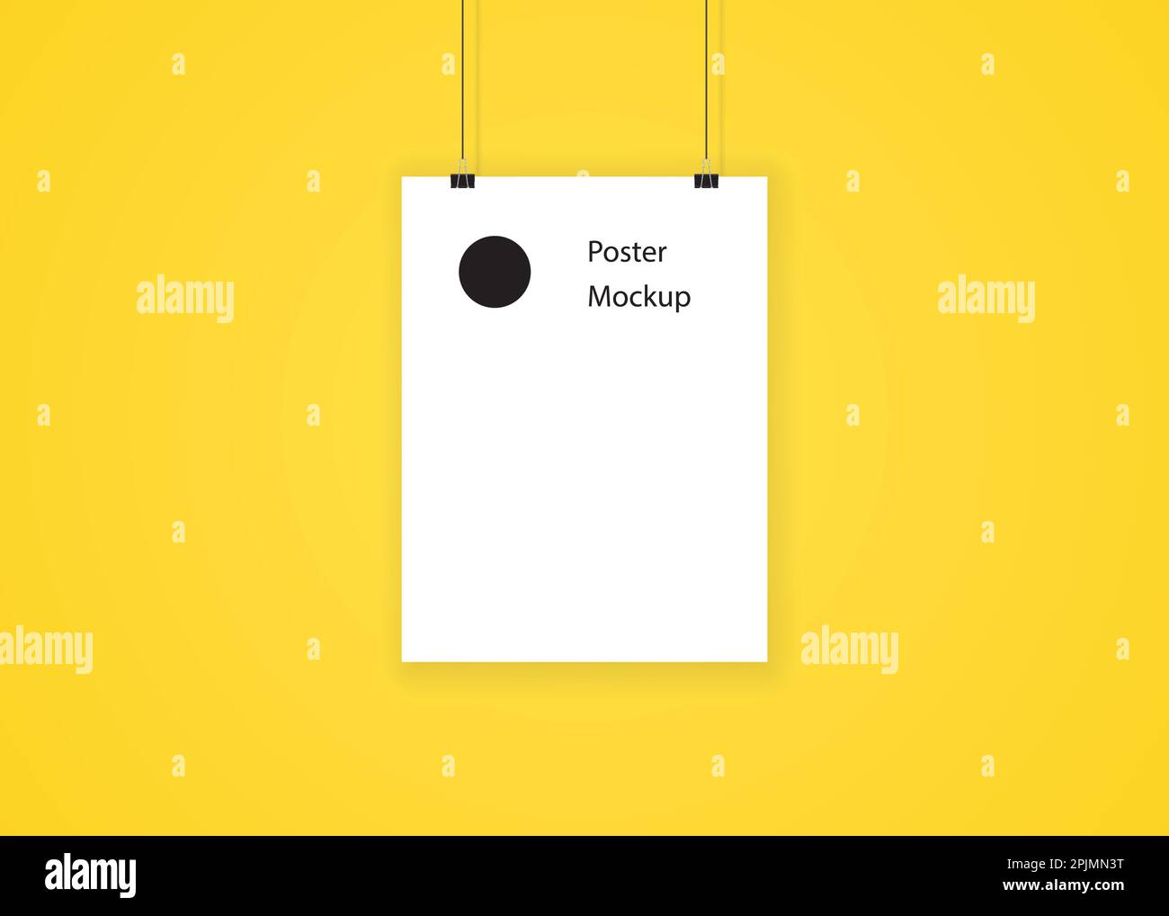 Paper poster hanging on ropes and holding by paper clips or binders ...