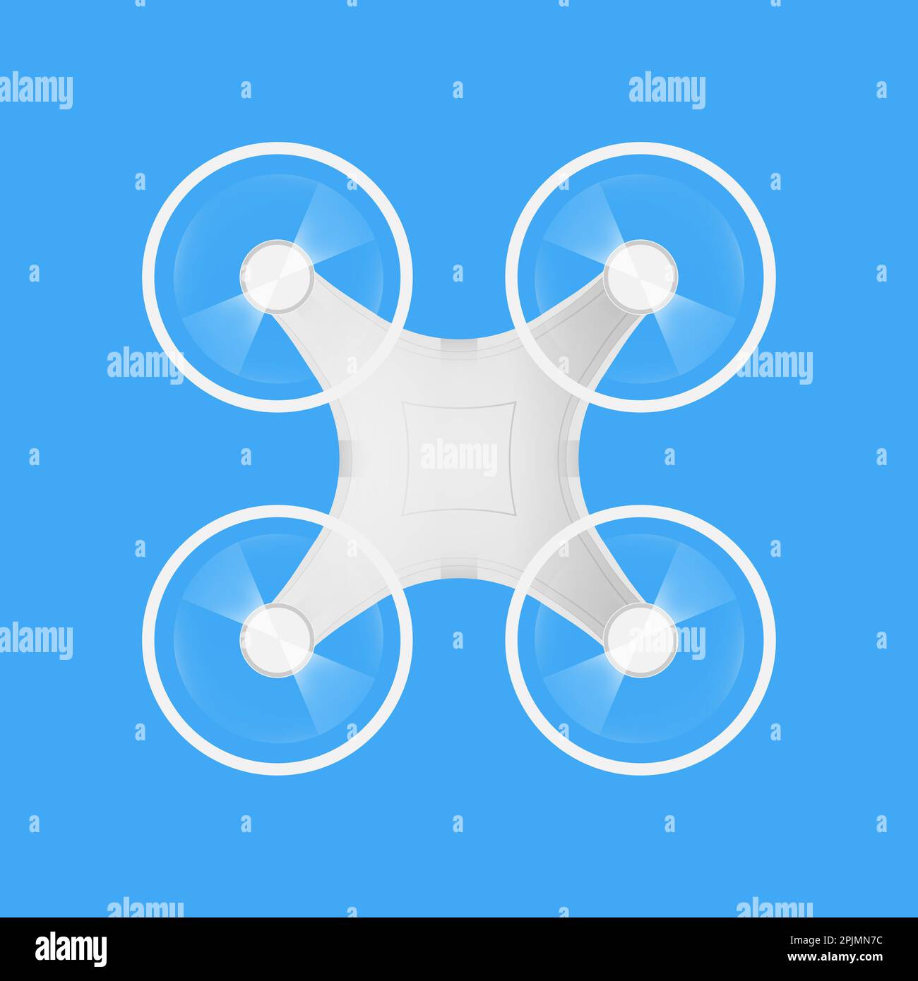 White drone symbol on blue background. Quadcopter with spinning ...