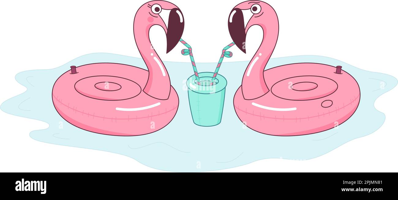 Summer Pool Party Funny Illustration Inflatable Cute Flamingo Couple Drink Cocktail Together