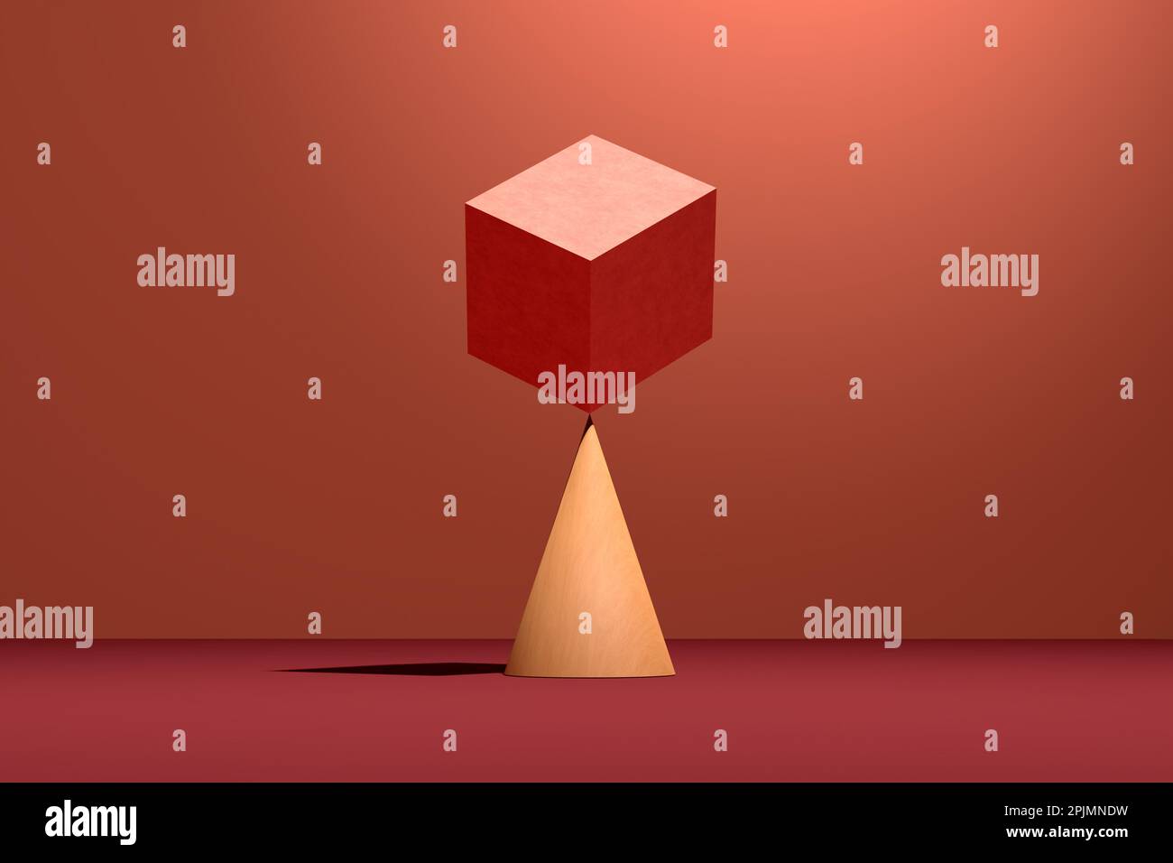 A pink cube block is balancing on a cone. Concept of balance, harmony ...