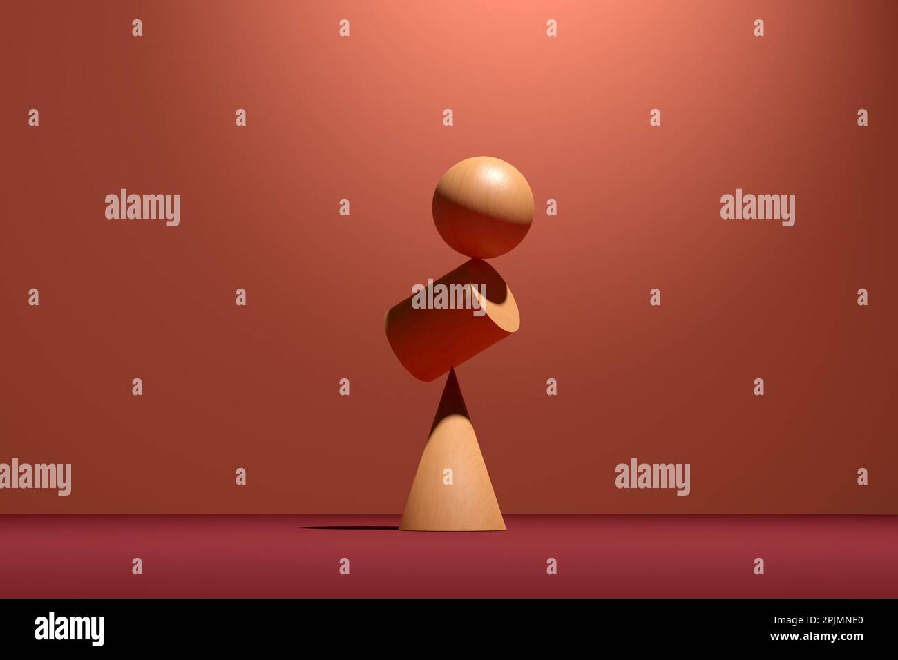 Wooden sphere and a cylinder balancing on a cone. Concept of balance ...