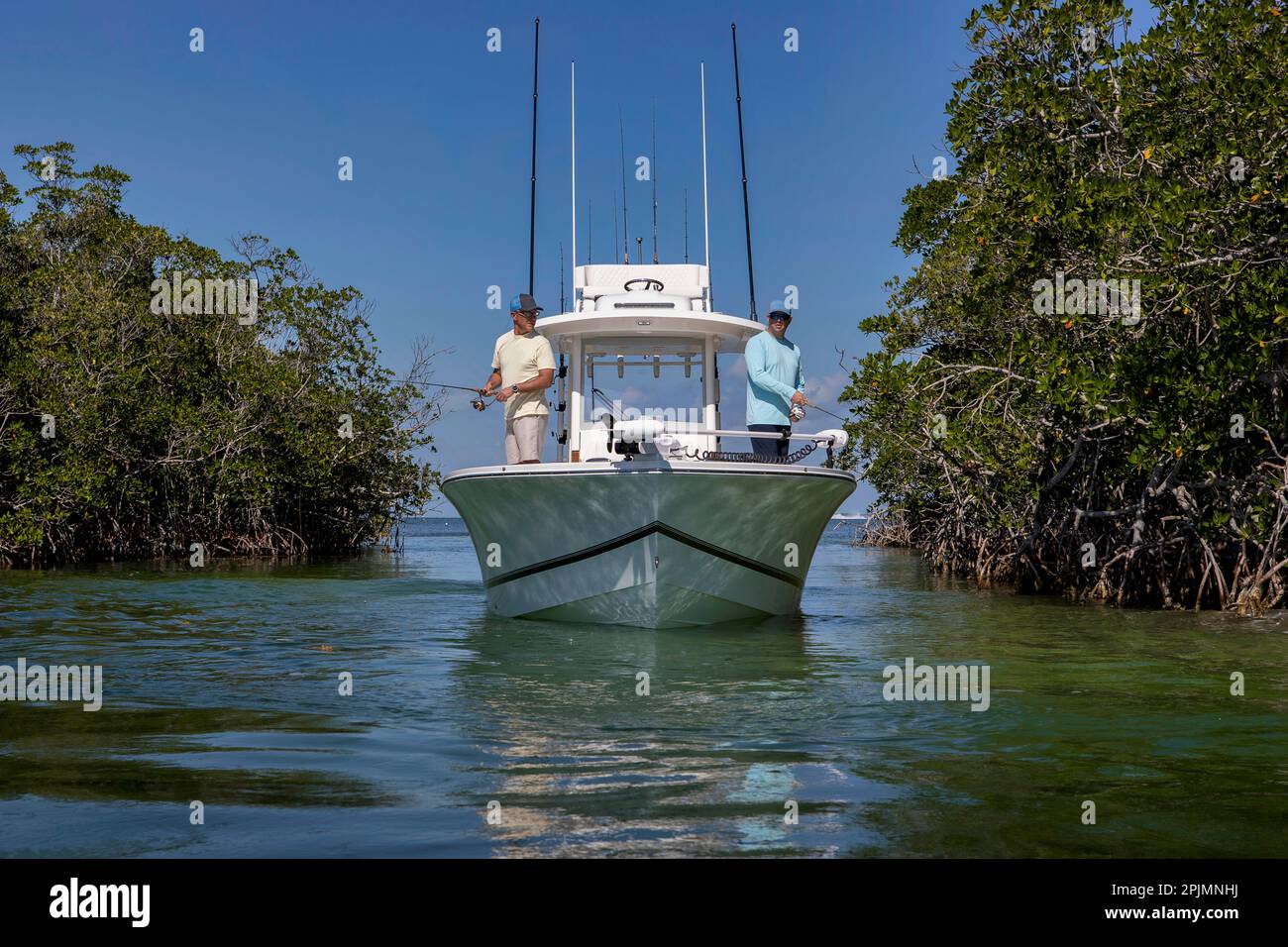 Two men fishing on a boat next to mangrove trees Stock Photo - Alamy