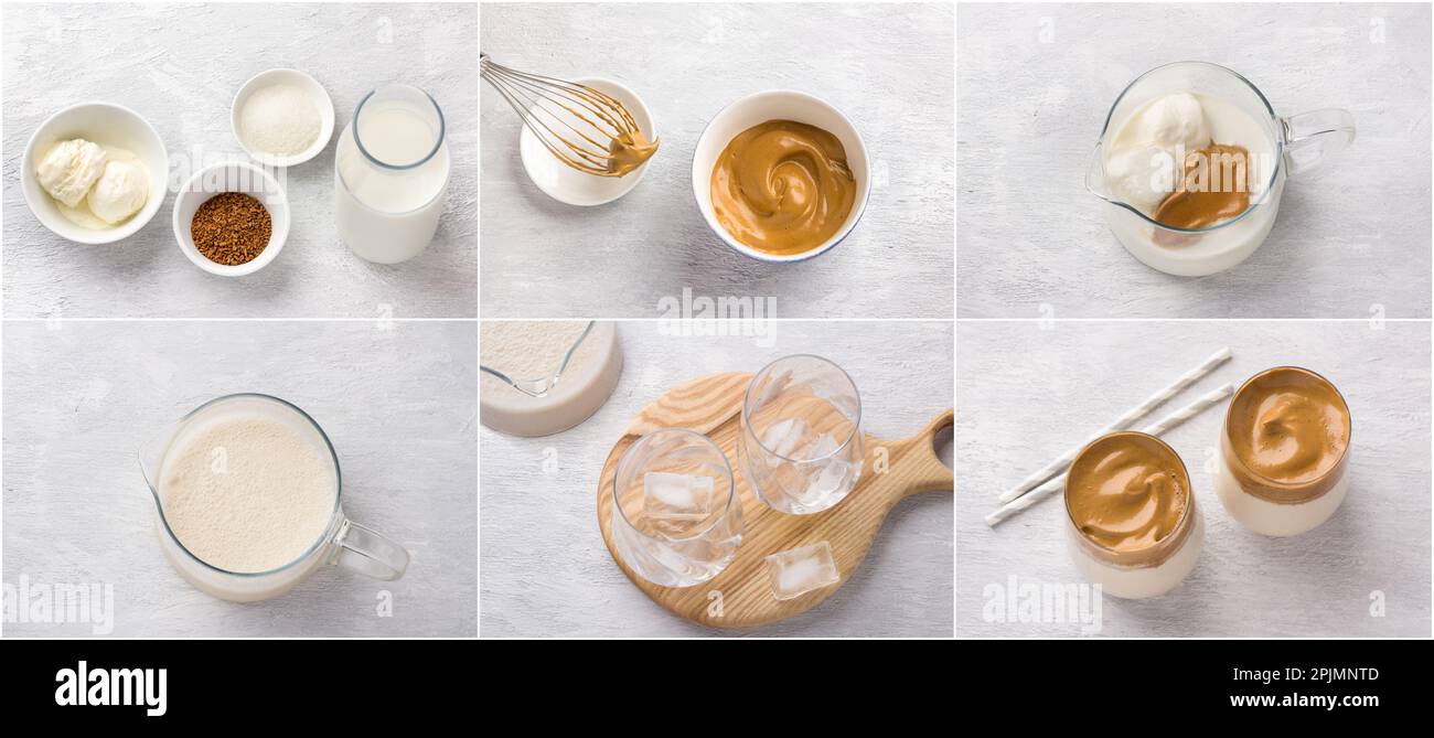 Preparation of trendy dalgona coffee. Collage, cooking recipe, step by ...