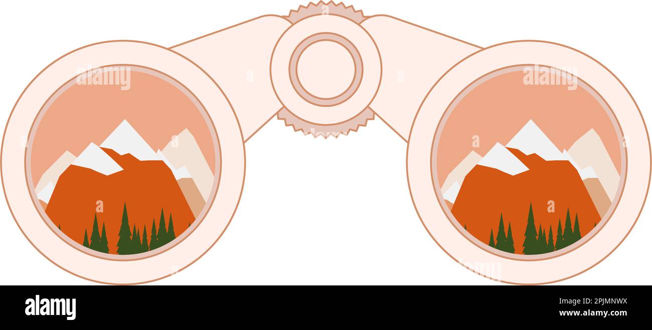 Binocular with mountains in sunset inside. Explore and adventures ...